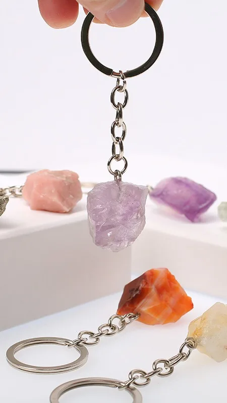 Reki Healing Crystal Stone Keychain Stainless Steel Carabiner Raw Rock ...