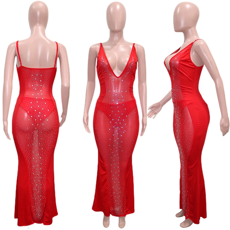 Red Sexy See Through Sheer Mesh Crystal Rhinestone Xmas Birthday