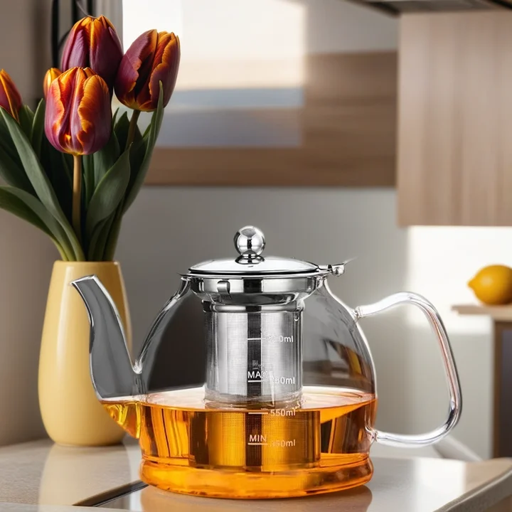 High Borosilicate 1400ml Large Capacity Glass Teapot With Stainless ...