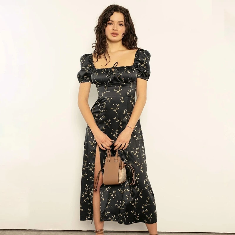 Low Cut High Split Dress Boho Floral Print Off Shoulder Split Long ...