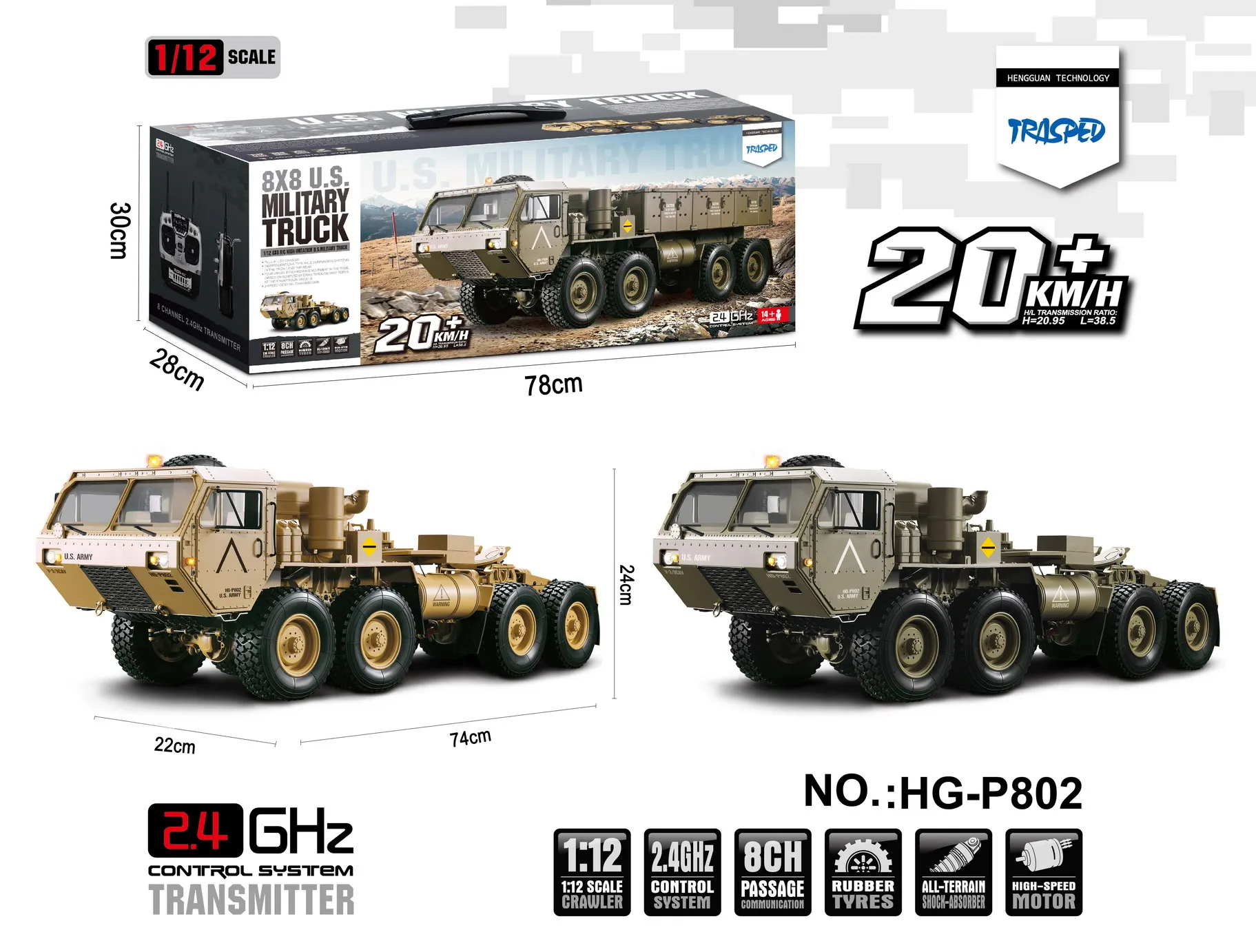 HG-P802 PRO RC Military Truck with LED Strobe Lights - 1/12 Scale 8X8 ...
