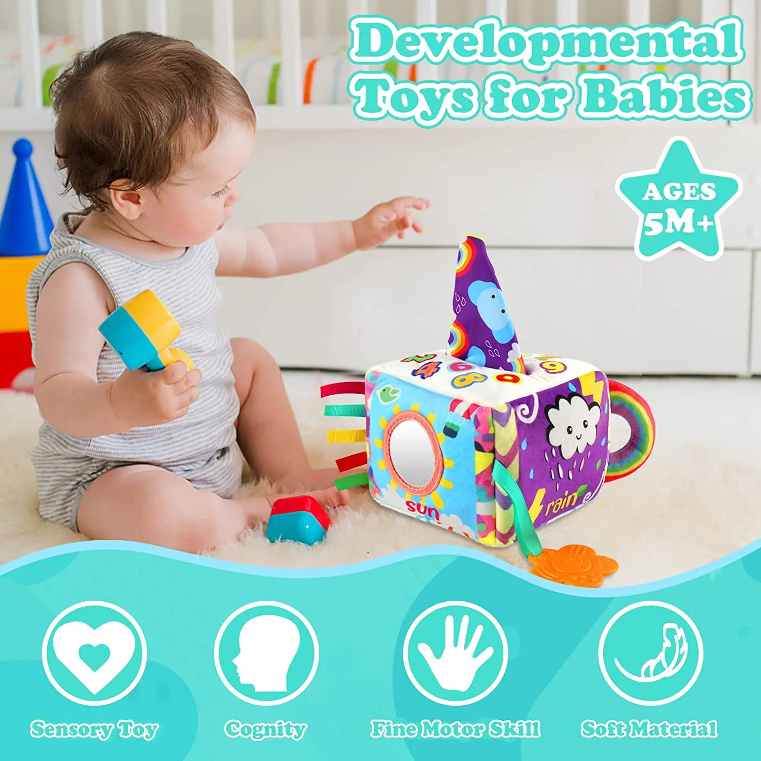 Custom Baby Montessori Sensory Magic Tissue Box Toy Cube