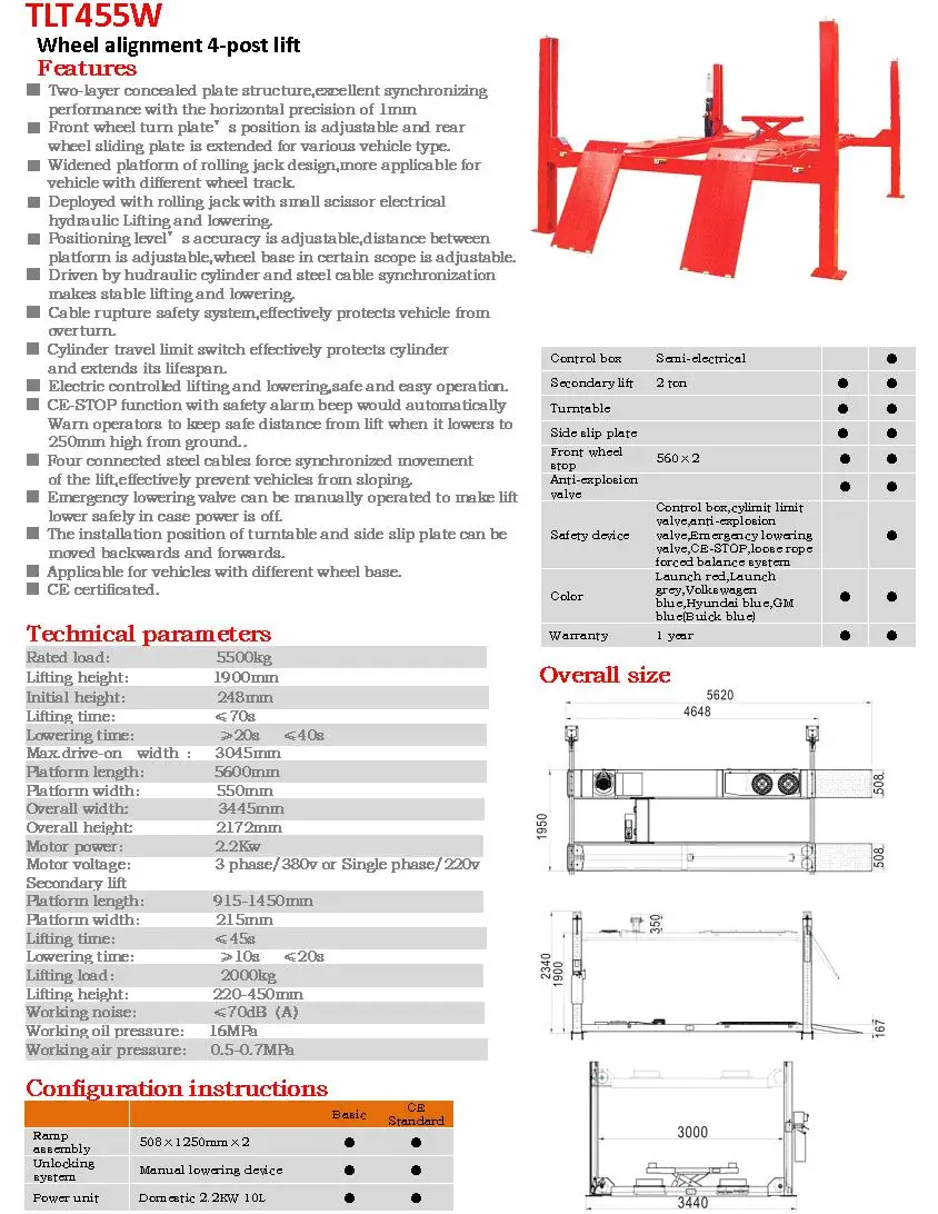 LAUNCH TLT455W 4 Post Car Lift - Hydraulic Wheel Alignment