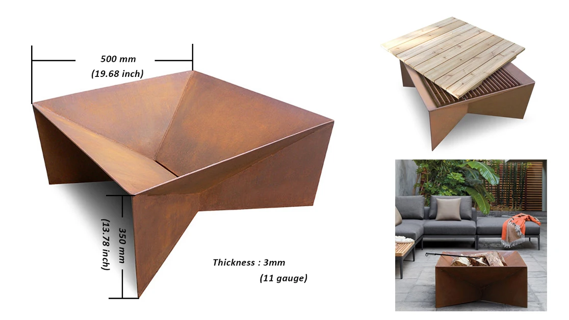 Outdoor Garden Decorate Trapezoid Corten Steel Brazier Fire Pit