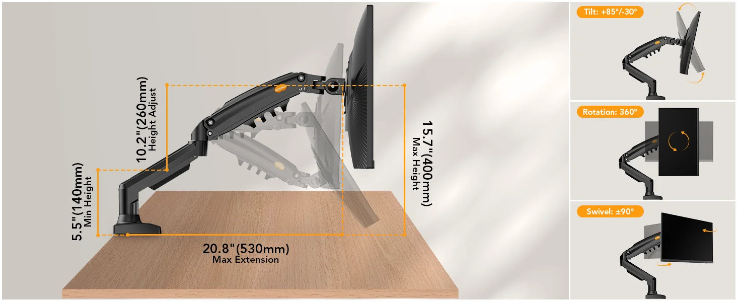 Black Single Monitor Mount Stand For Desk With Clamp & Grommet, Fits 17 ...