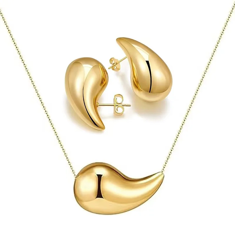 Fashion 18k Gold Plated Water Droplet Necklace Earring Stainless Steel ...