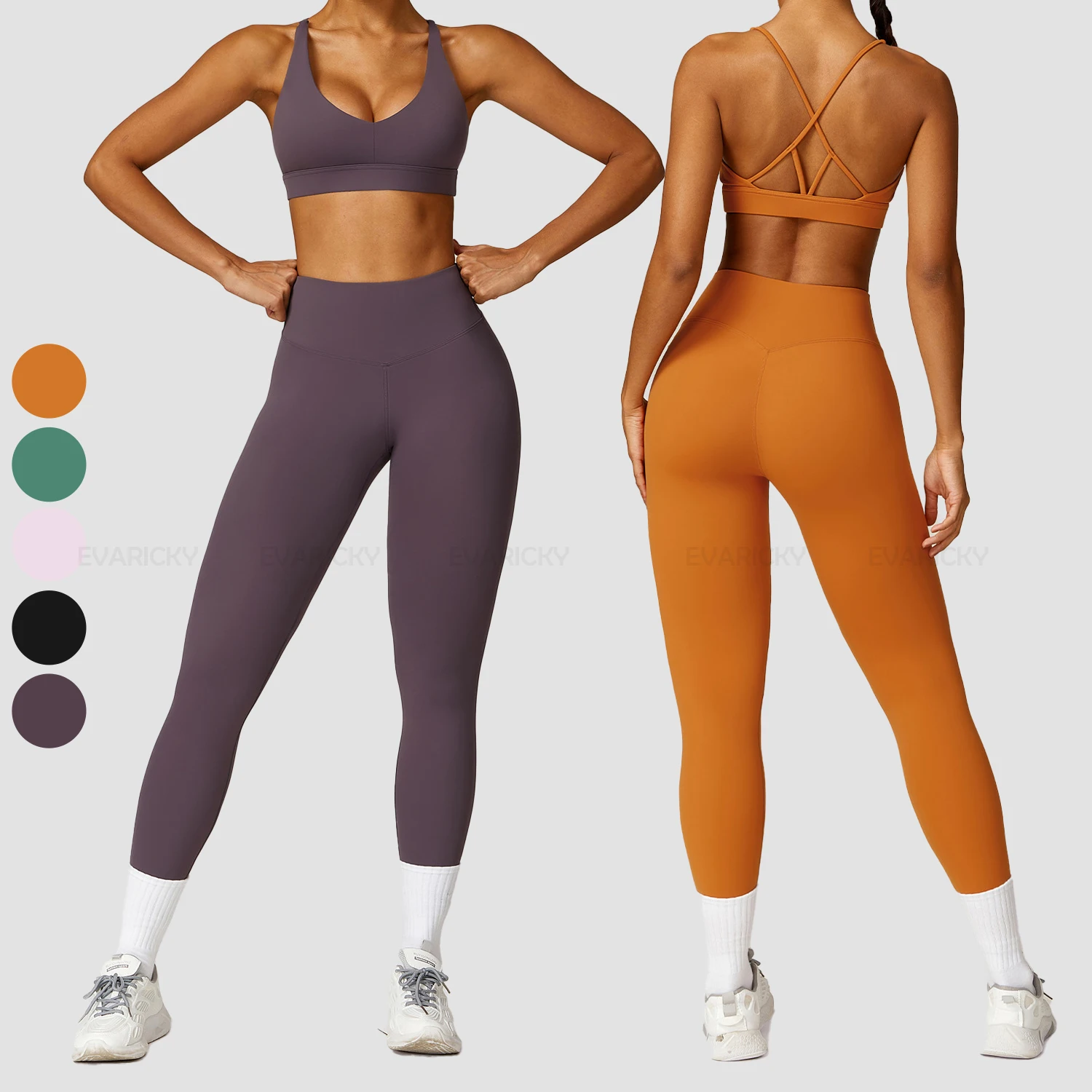Women Fashion Yoga Set Gym Clothing Running Leggings Sports Bra Top No Camel Toe Tight Legging