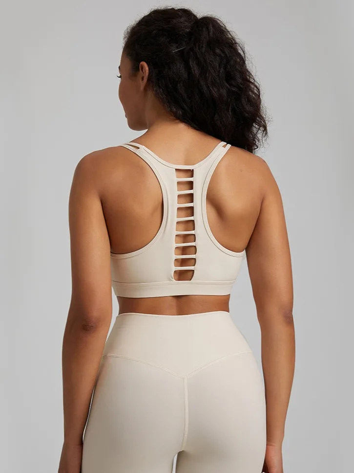 Custom Logo New Soft Ladies Hollow Out Racer Back High Elastic Sexy Backless Bra Gym Fitness ...