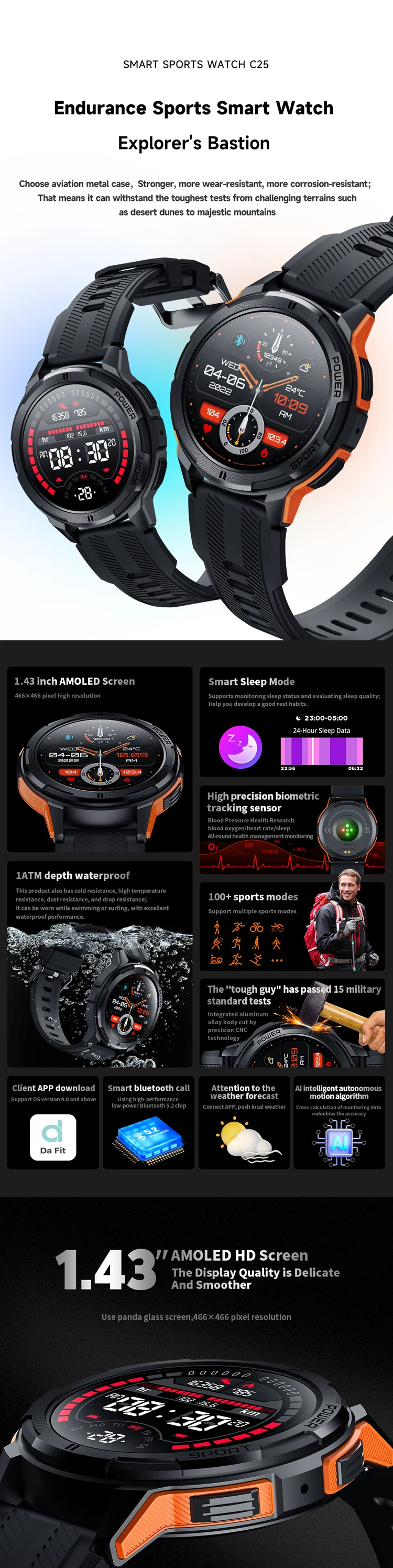 2023 466*466 AMOLED C25 Smartwatch - Outdoor Sport & Heart Rate