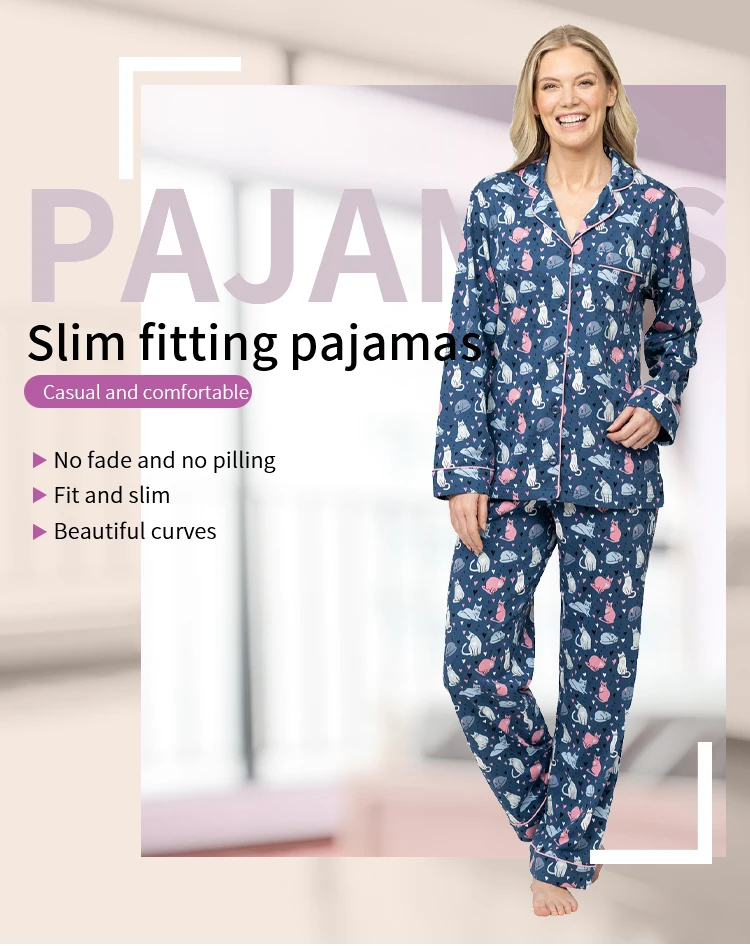 Popular Style Pajamas Cute Cat Print Pyjama Femme Nightwear Home ...