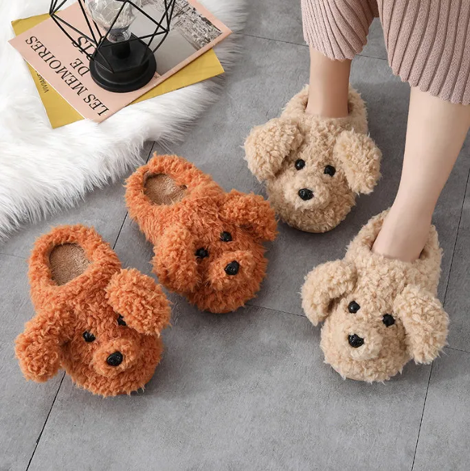 Wholesale Cute Fuzzy Teddy Dog Slippers Ladies Winter Indoor Flat Warm ...