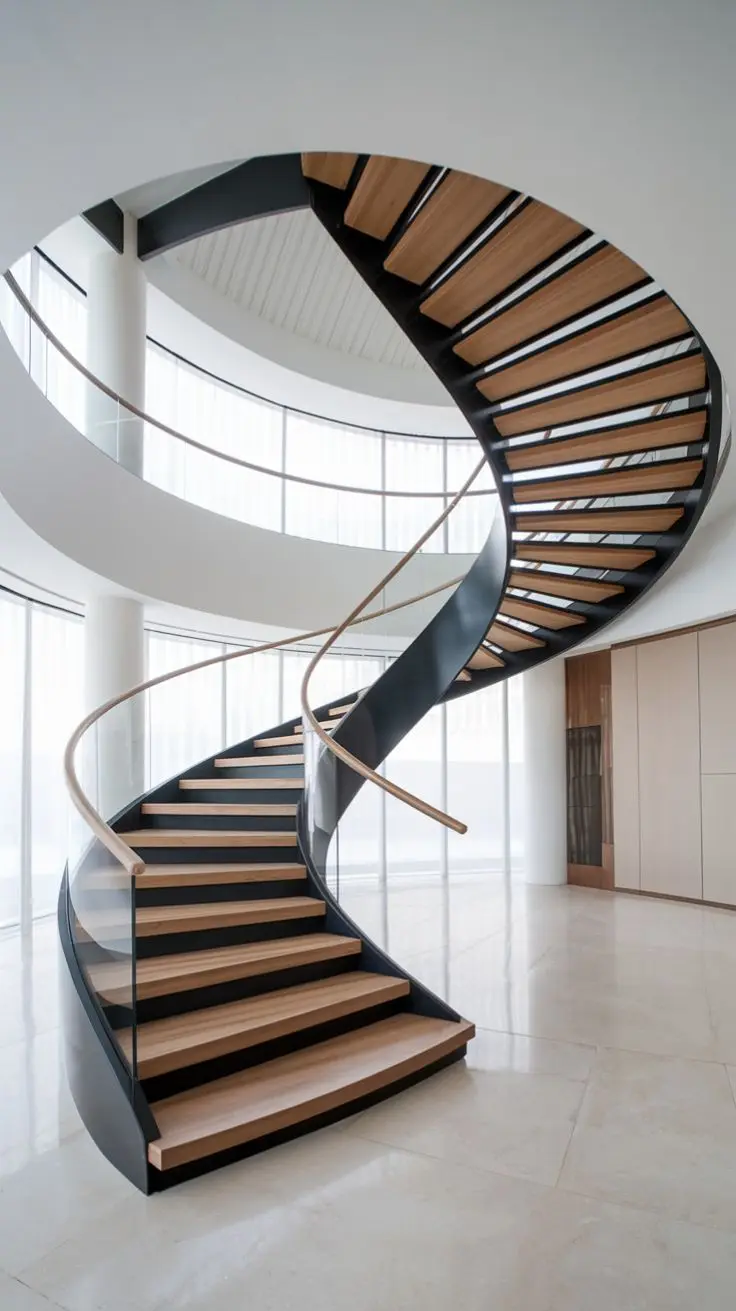 Modern Double Stringer Wooden Curved Stairs with Glass Balustrade
