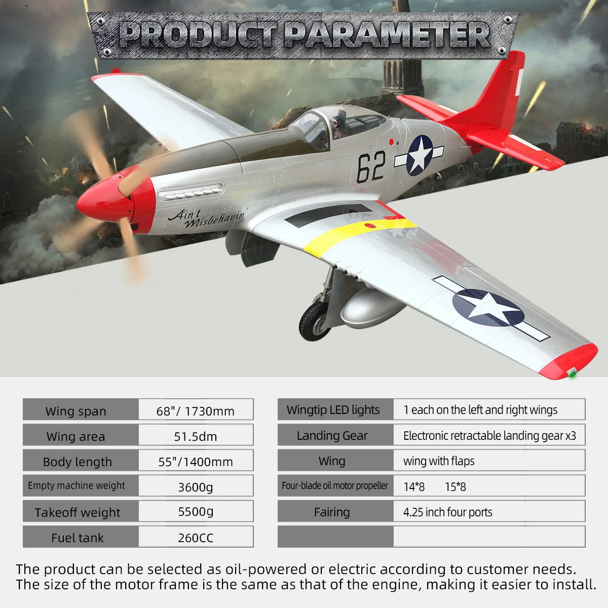 P-51 68inch Gas 80-100cc RC Airplane Jet Engine OEM