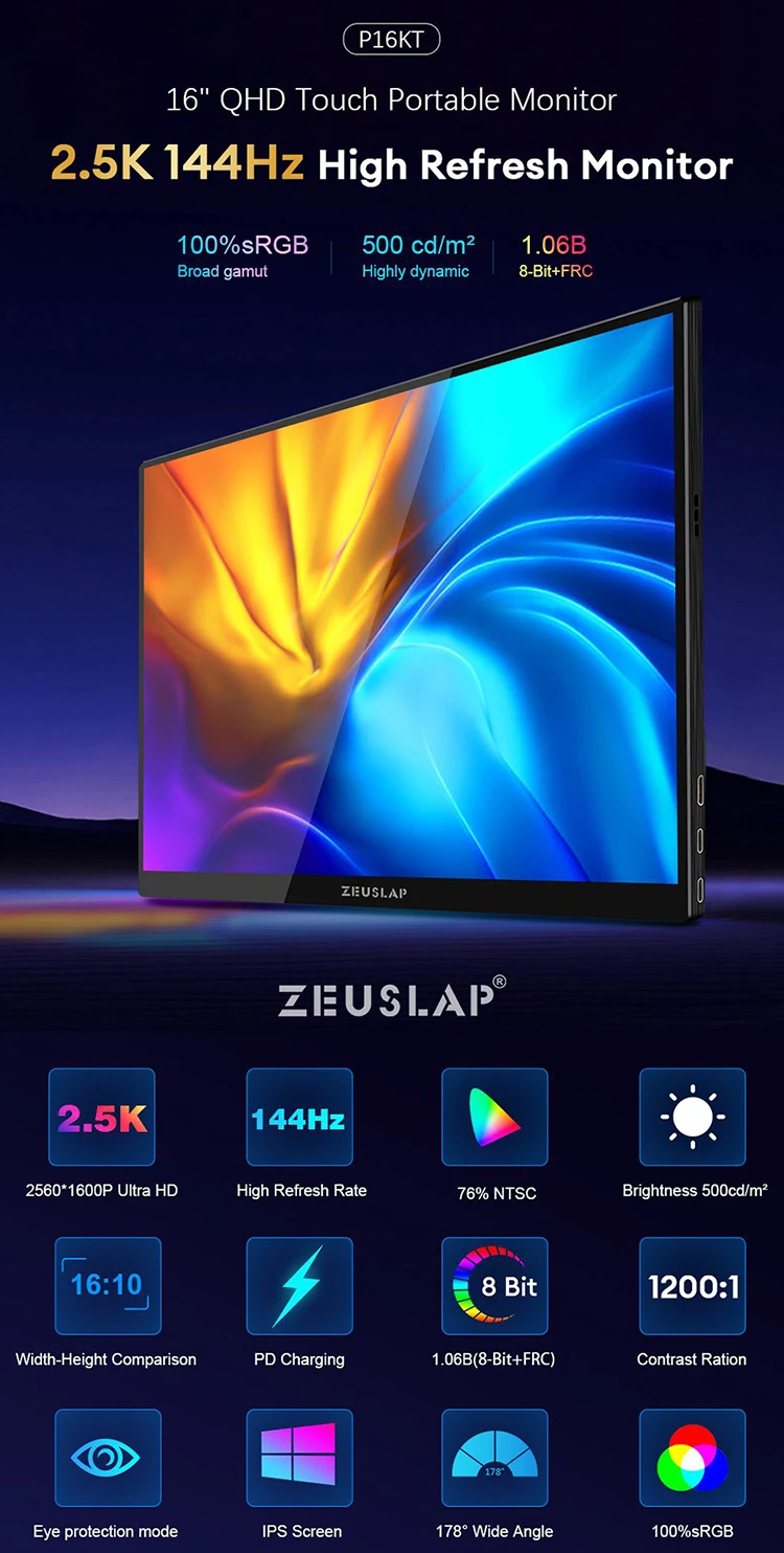 16-inch Qhd Ips Screen External Touch Screen Monitor Usb-c Portable ...