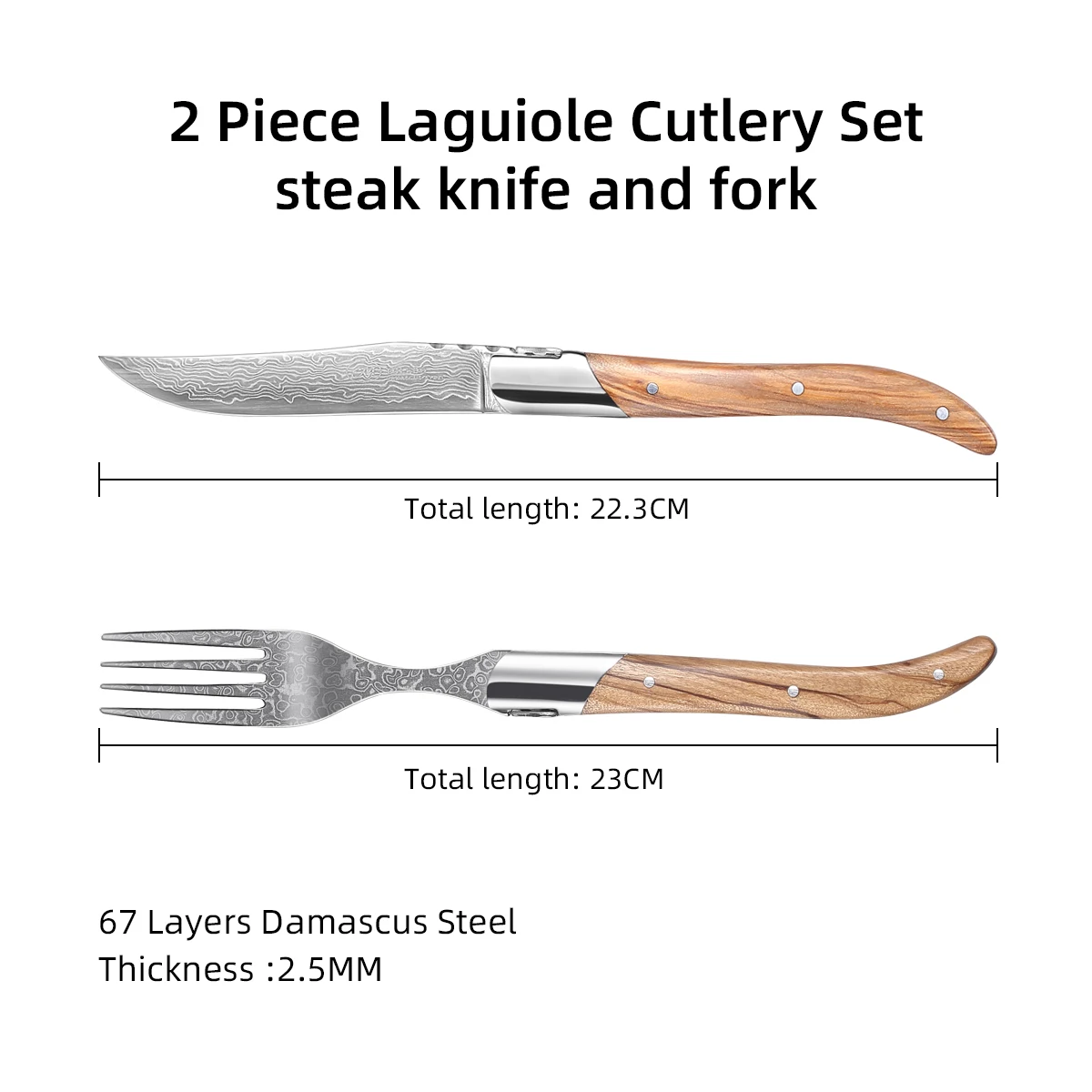 Luxury Damascus Steel Laguiole Flatware Set-Steak Knife and Fork with ...