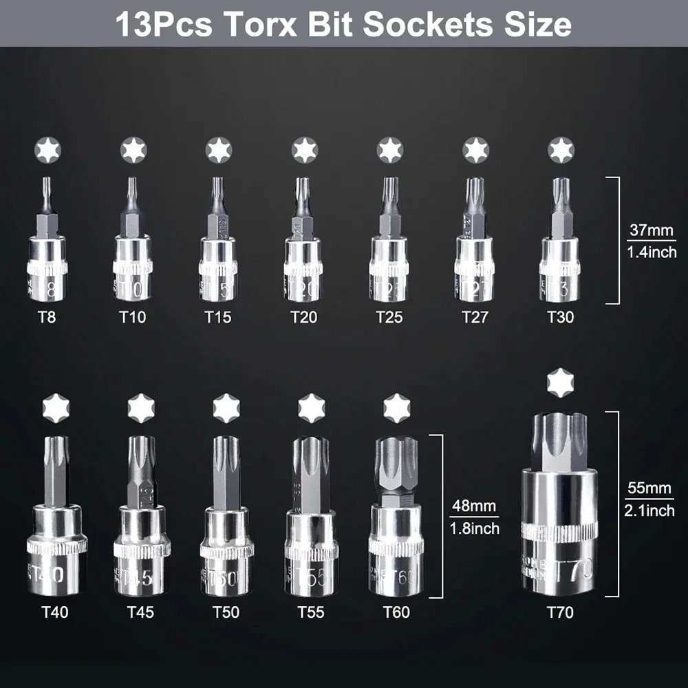 13pcs Combination Bit Socket Set 1/4 3/8 and 1/2" Drive T8 - T70 Hex Torx Hand Tool Torx Star ...