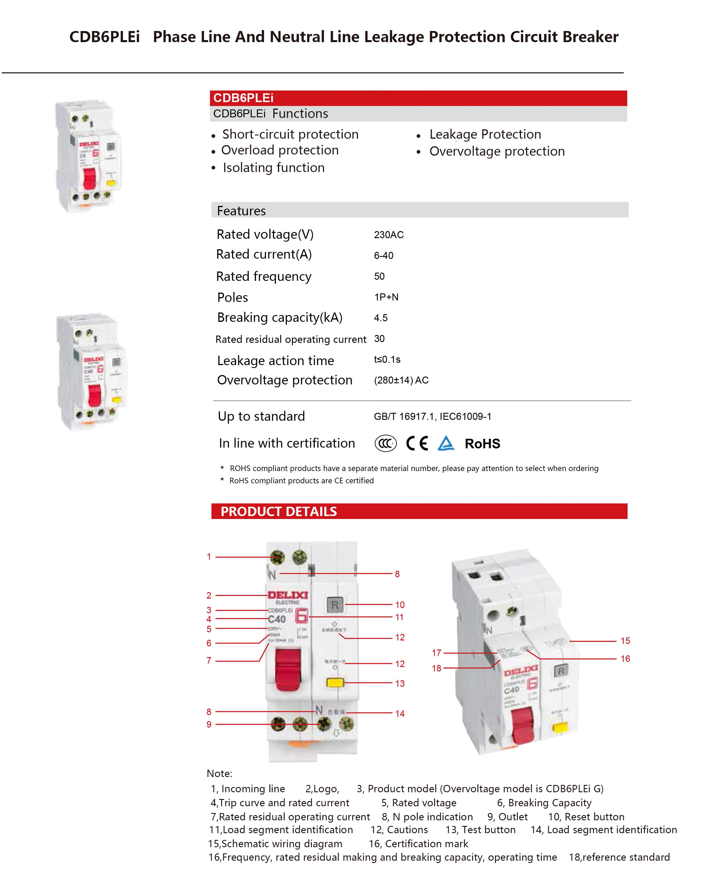 Delixi Phase Line And Neutral Line Residual Current Circuit Breaker Cdb6plei Earth Leakage ...