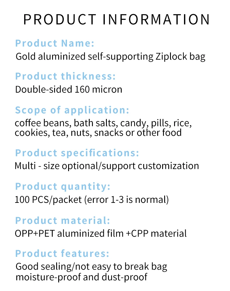 Customized Logo Baggies Stand Up Pouch Food Gold Packaging Bags Zip ...