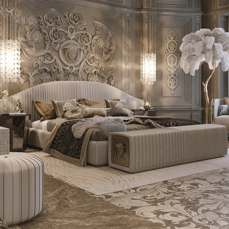 Modern Luxury King Size Bed Wide Headboard With Gold Stainless Steel ...