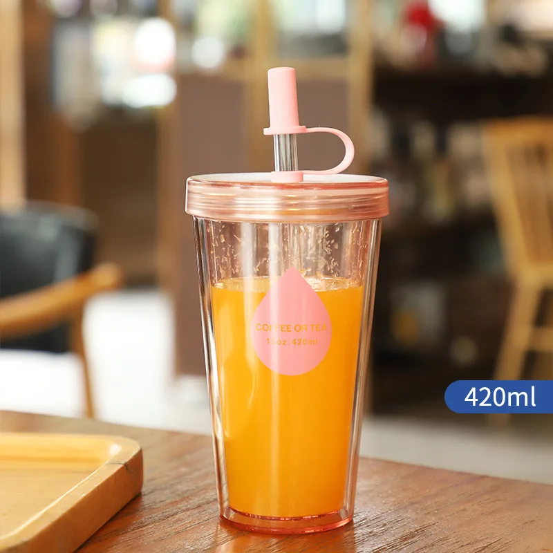 Double straw milk tea cup portable water cup with lid milk tea cup ...