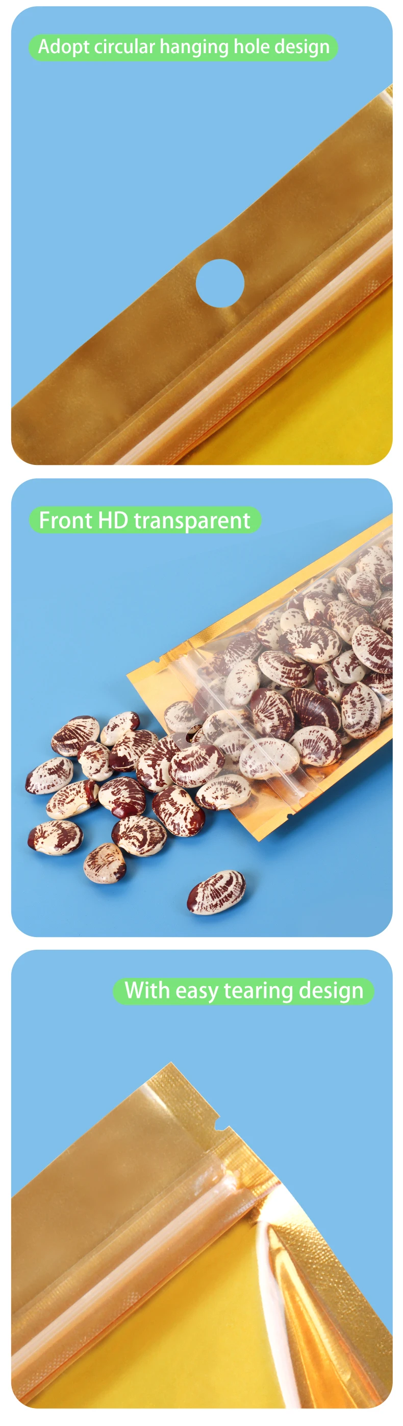 Customized Logo Baggies Stand Up Pouch Food Gold Packaging Bags Zip ...