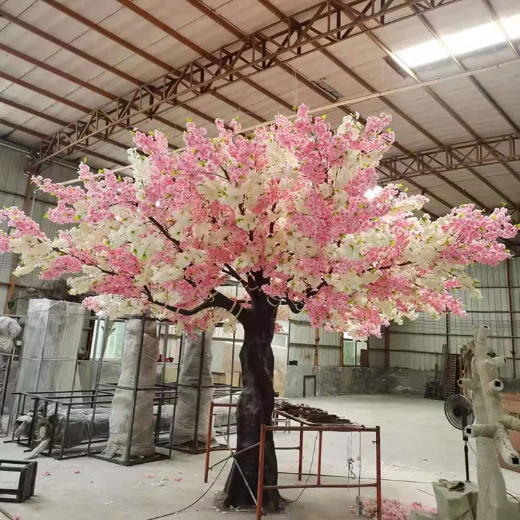 Large Plastic Artificial Cherry Blossom Plant White And Pink Flowers ...