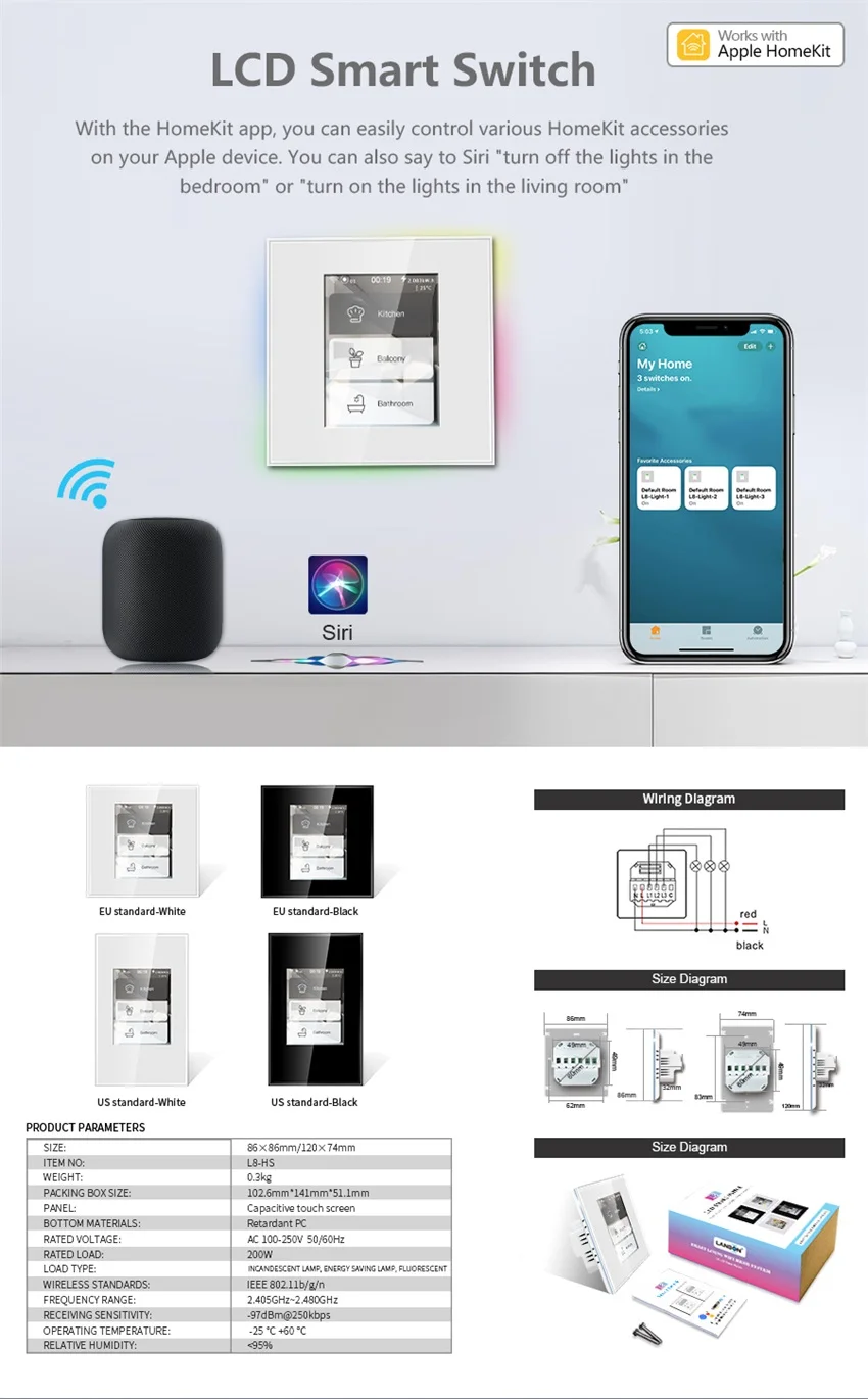 Apple Homekit Remote Control Lanbon L8 WIFI MESH LCD Smart Switch