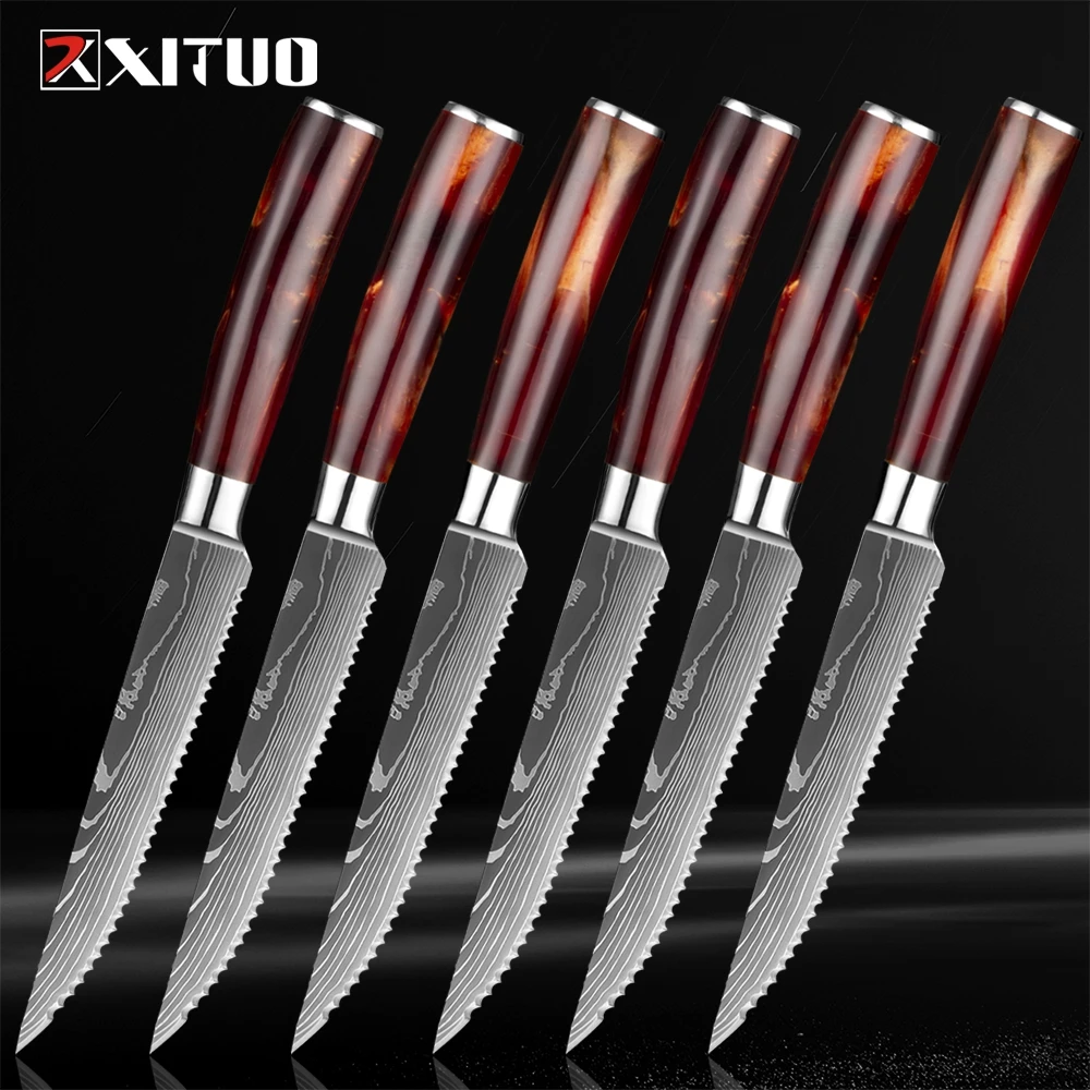 High Quality Steak Knife Damascus Pattern Stainless Steel Serrated Meat ...