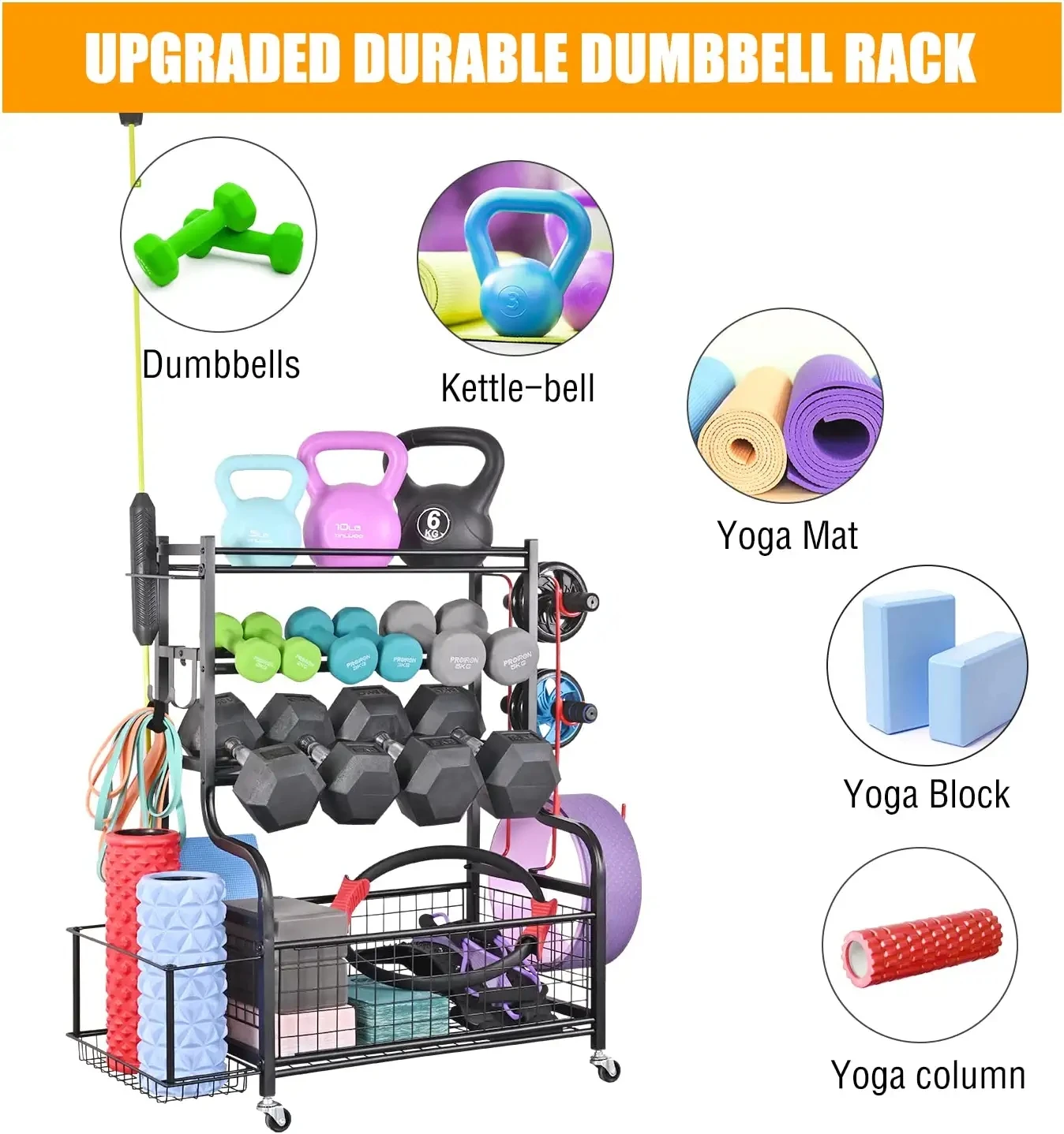 Home Gym Heavy Duty Storage Rack For Dumbbells Kettlebells Yoga Mat And ...