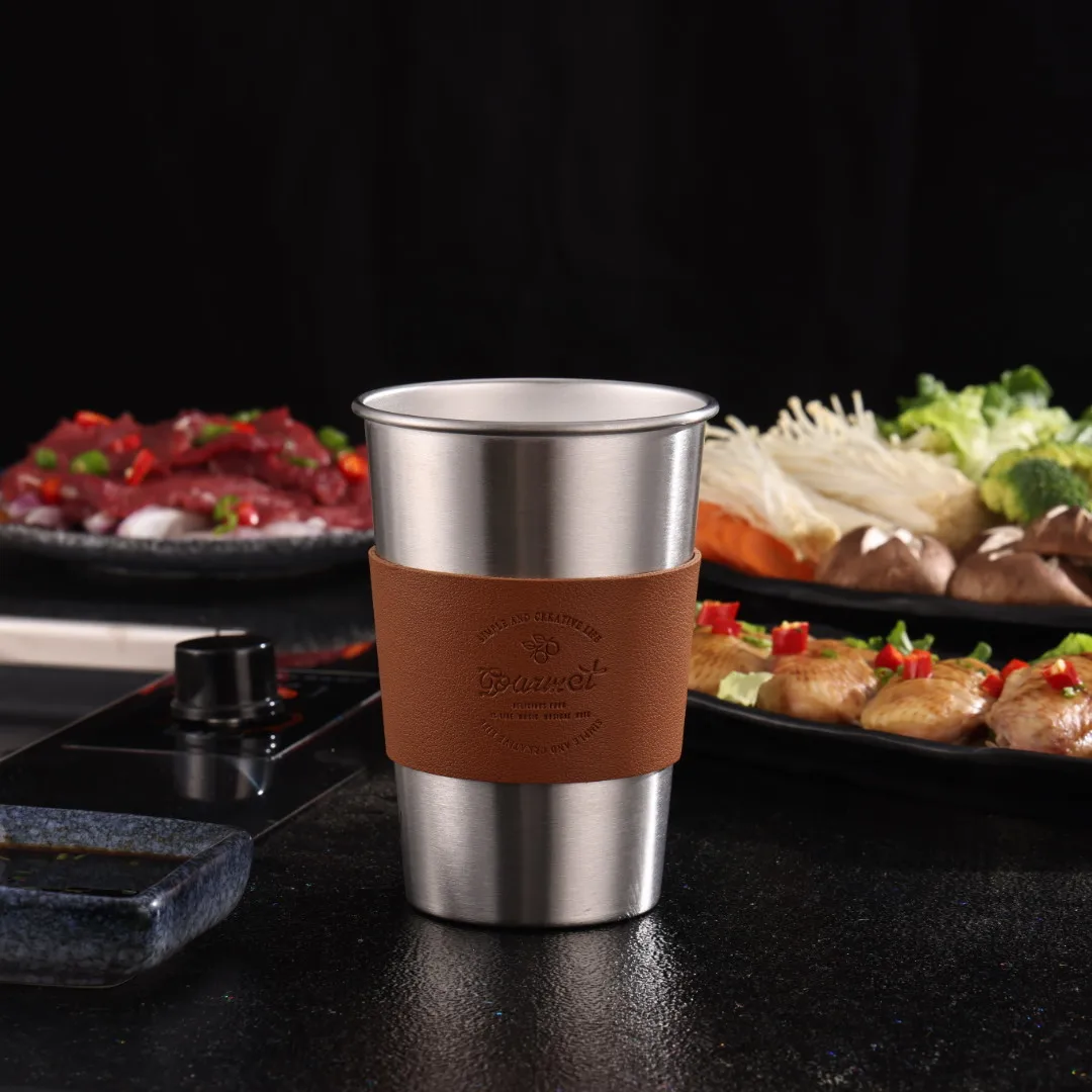 Outdoor Camping 304 Stainless Steel Water Cup with Leather Cup Set Beer ...