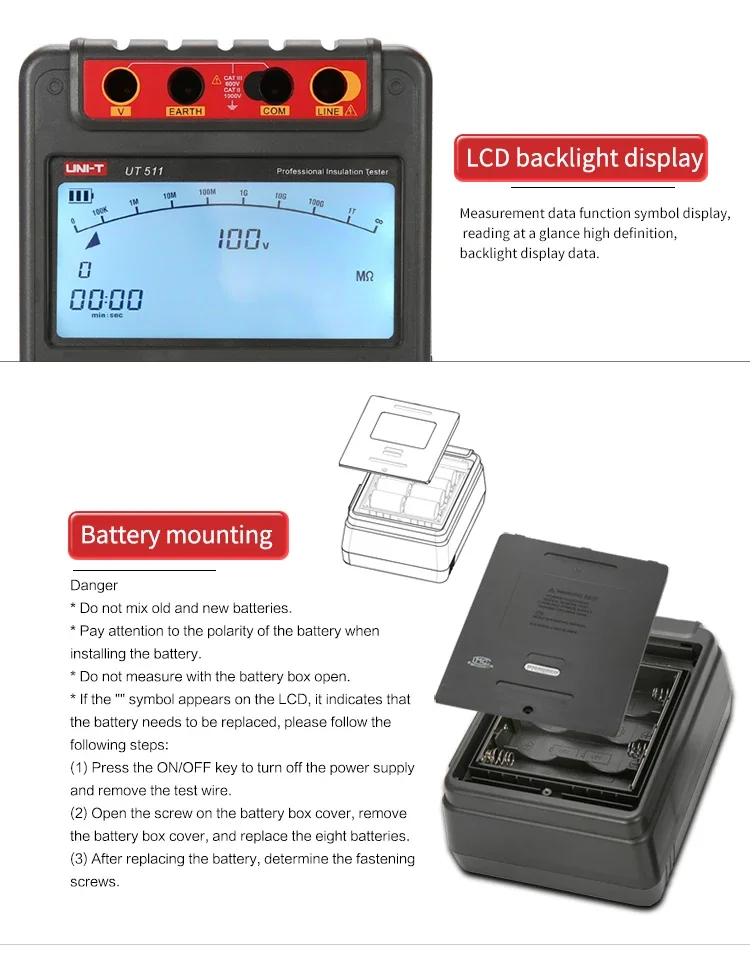 UNI-T UT511 Insulation Resistance Tester 1000V Grounding Meter 10GΩ ...
