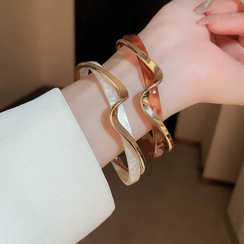 Real Gold Plated Bangle Bracelets Women Girl Elegant Acrylic Wave Metal Irregular Double Layer Open Cuff Bracelet Jewelry Gift Alibaba