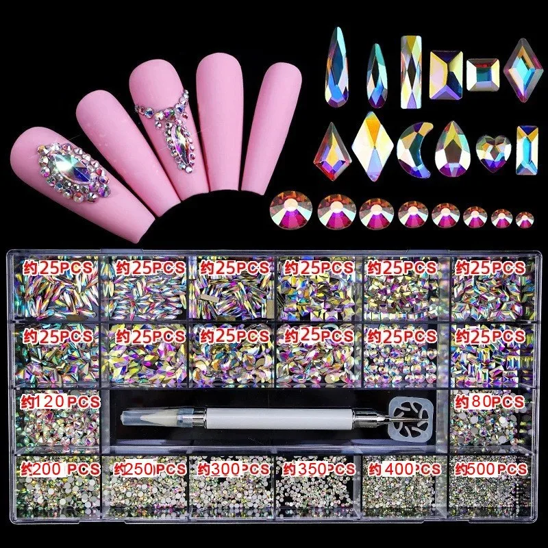 Luxury Shiny Diamond Nail Art Rhinestones Crystal Decorations Set Ab ...