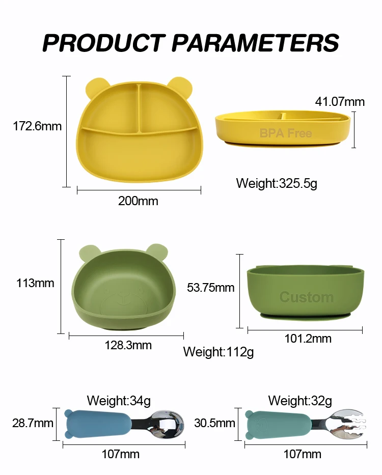 Custom Bear Design Plates Spoon Fork Silicone Baby Feeding Set Silicone ...