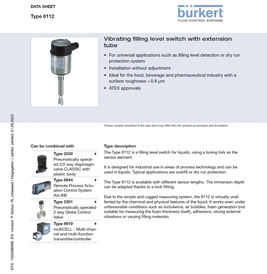 RTD PT100 PT1000 NTC GEMS Burkert Vibrating Filling Level Switch with Extension Tube Temperature ...