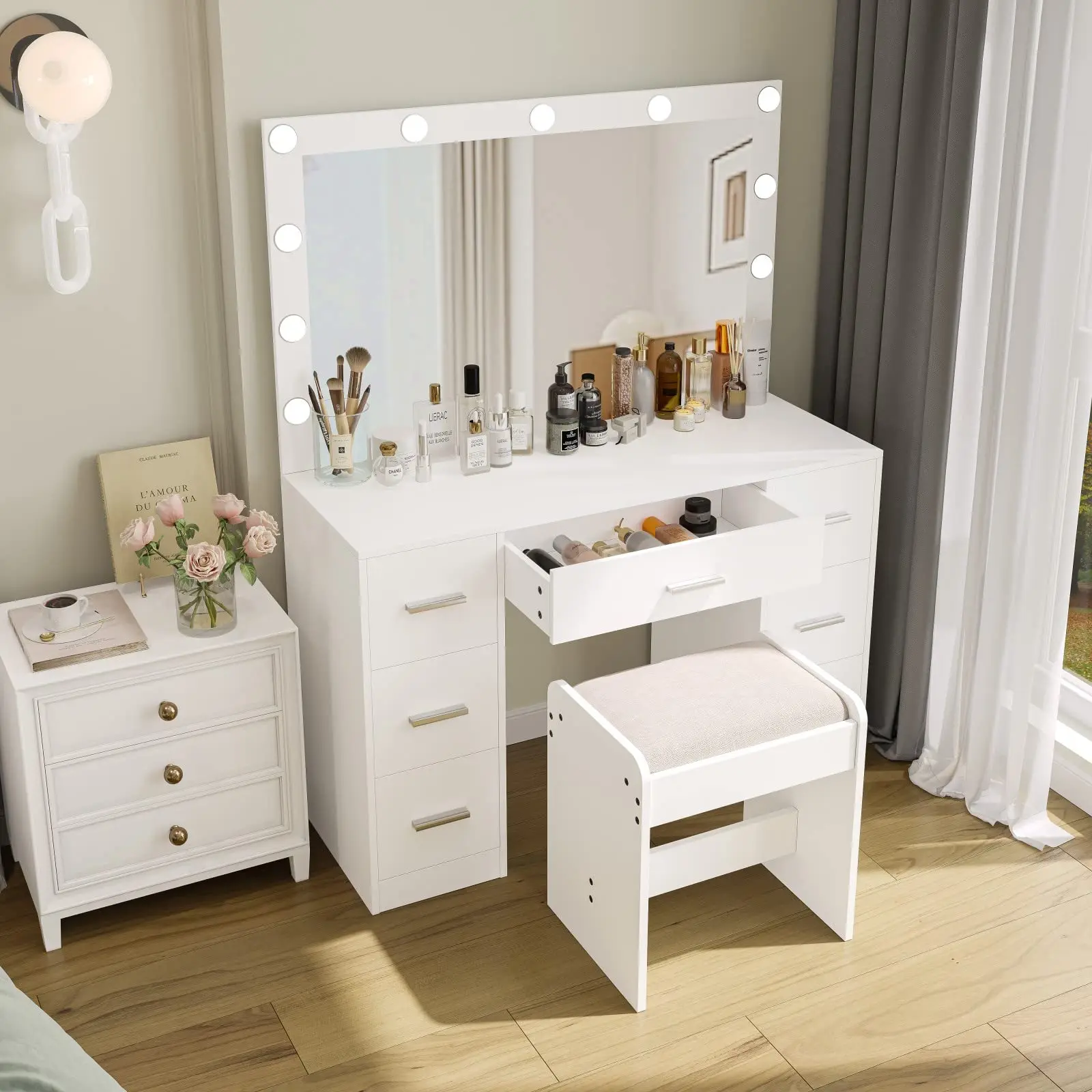 Modern Dressing Vanity Table With Storage Black Makeup Table Mirrored ...
