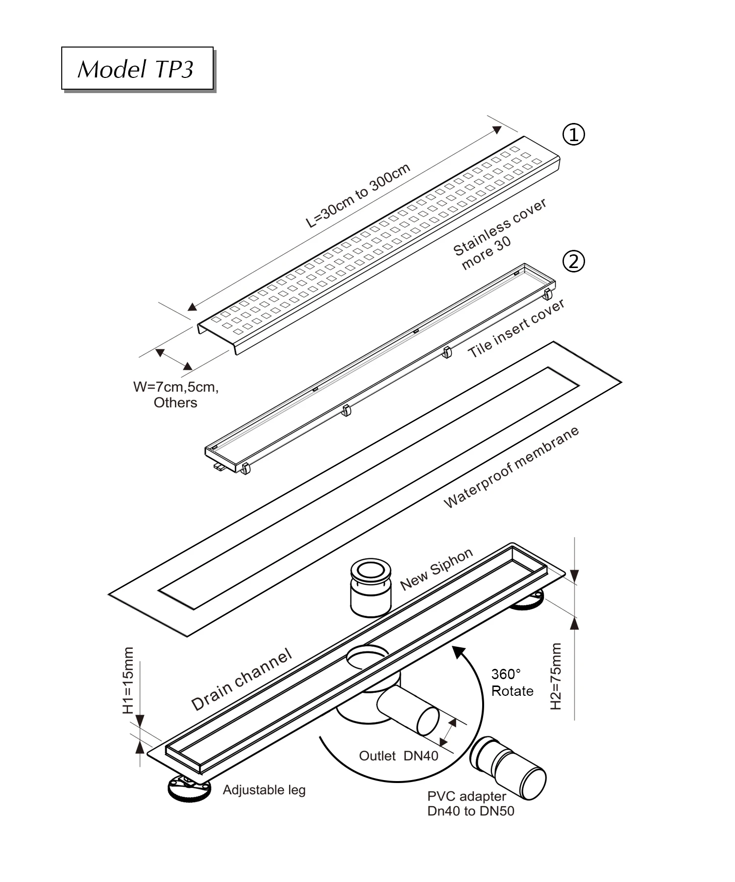 NEODRAIN Rectangle Bathroom Tile Insert Floor Drain 304 Stainless Steel ...
