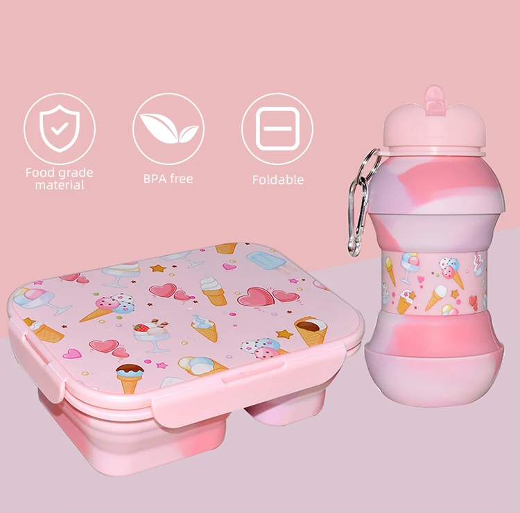 Cute Cartoon Kids Bpa Free Silicone Bento Lunch Box With Water Bottle ...