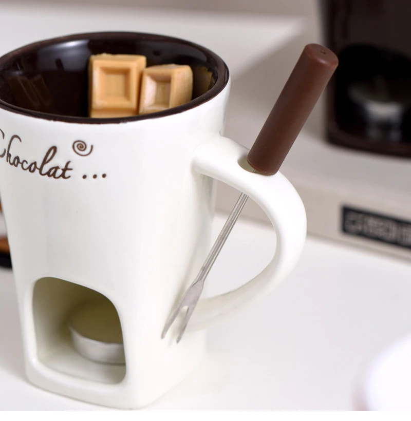 Personal Chocolate Fondue Mug Set - Ceramic Mugs with Forks