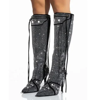 Womens Knee High Diamonds Long Boots Crystal Fashion High Heel Boots ...