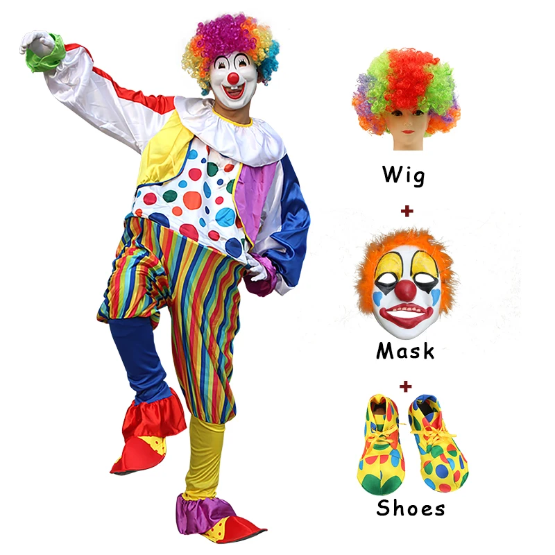 Clown Costume Adult For Men Jumpsuit With Colorful Wig Nose Shoes ...