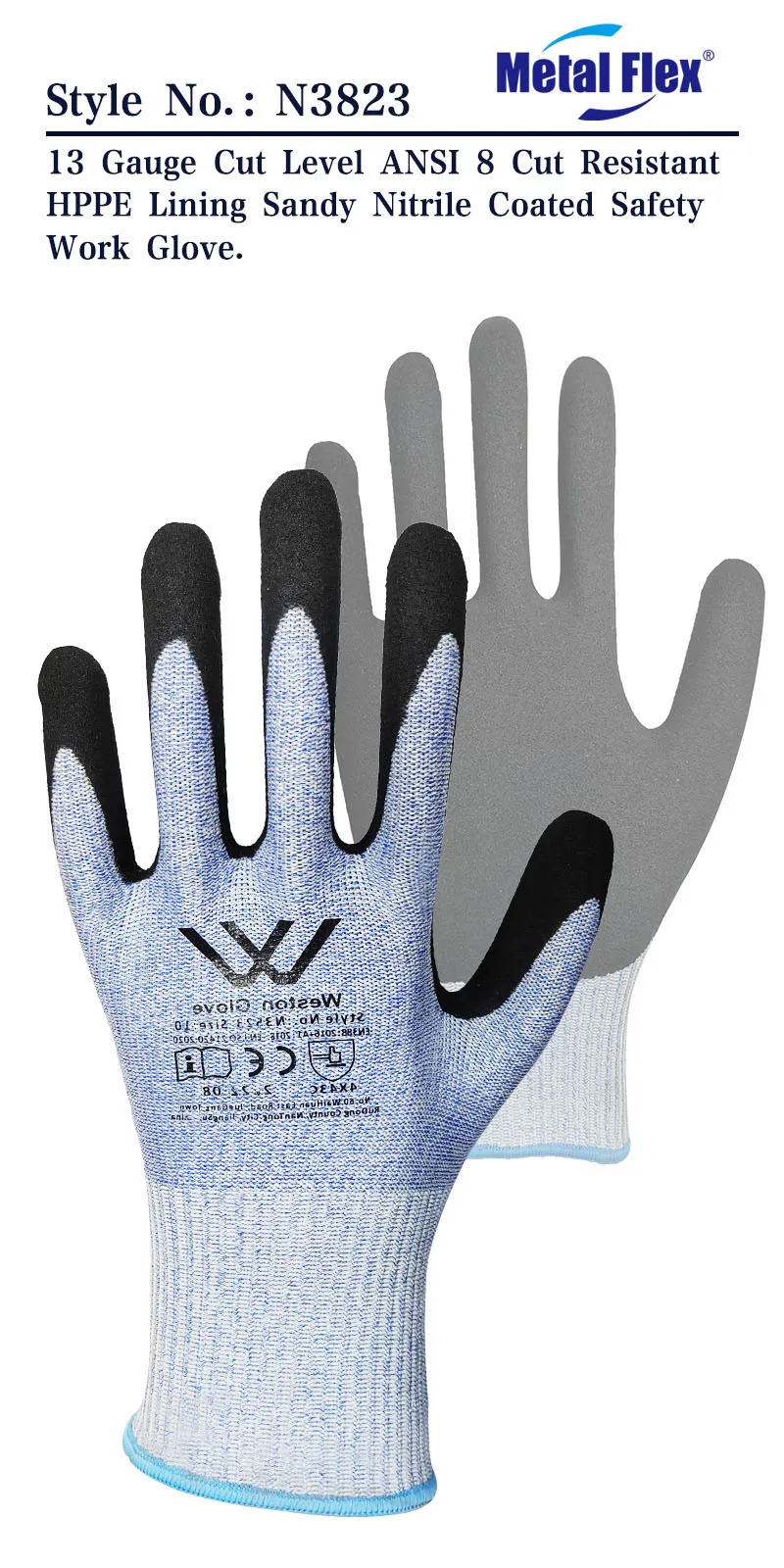 13 Gauge Cut Level ANSI A8 A9 Cut Resistant Gloves Palm with Sandy ...
