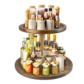 Walue Two-tier Rotating Wooden Food Storage Tray For Kitchen Spice ...