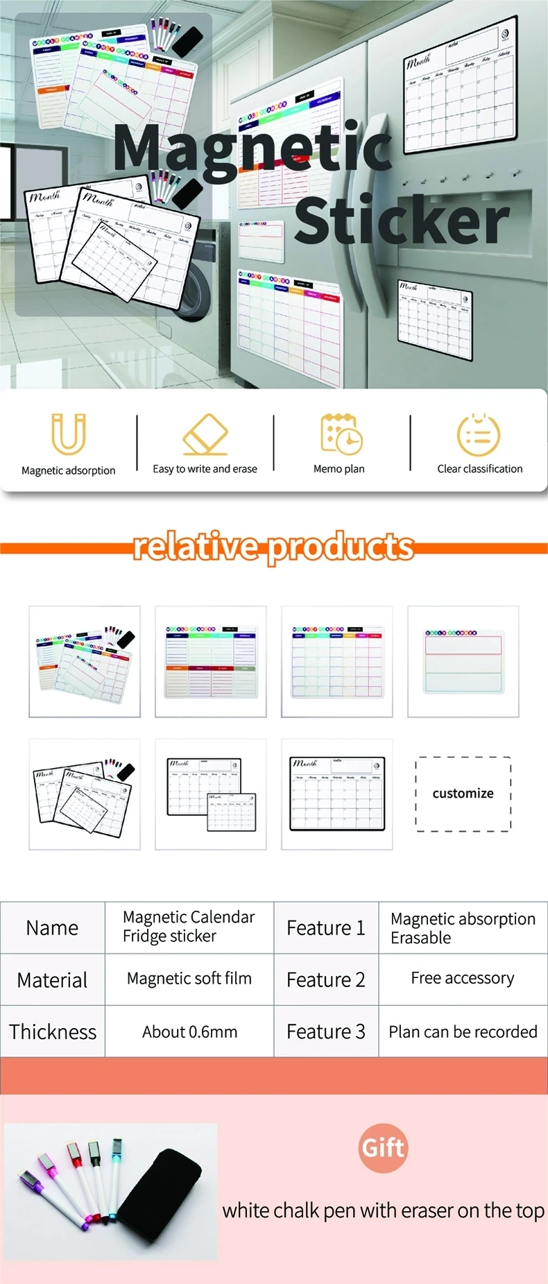 Customized Magnetic Calendar Monthly Weekly Planner Stickers Erasable ...