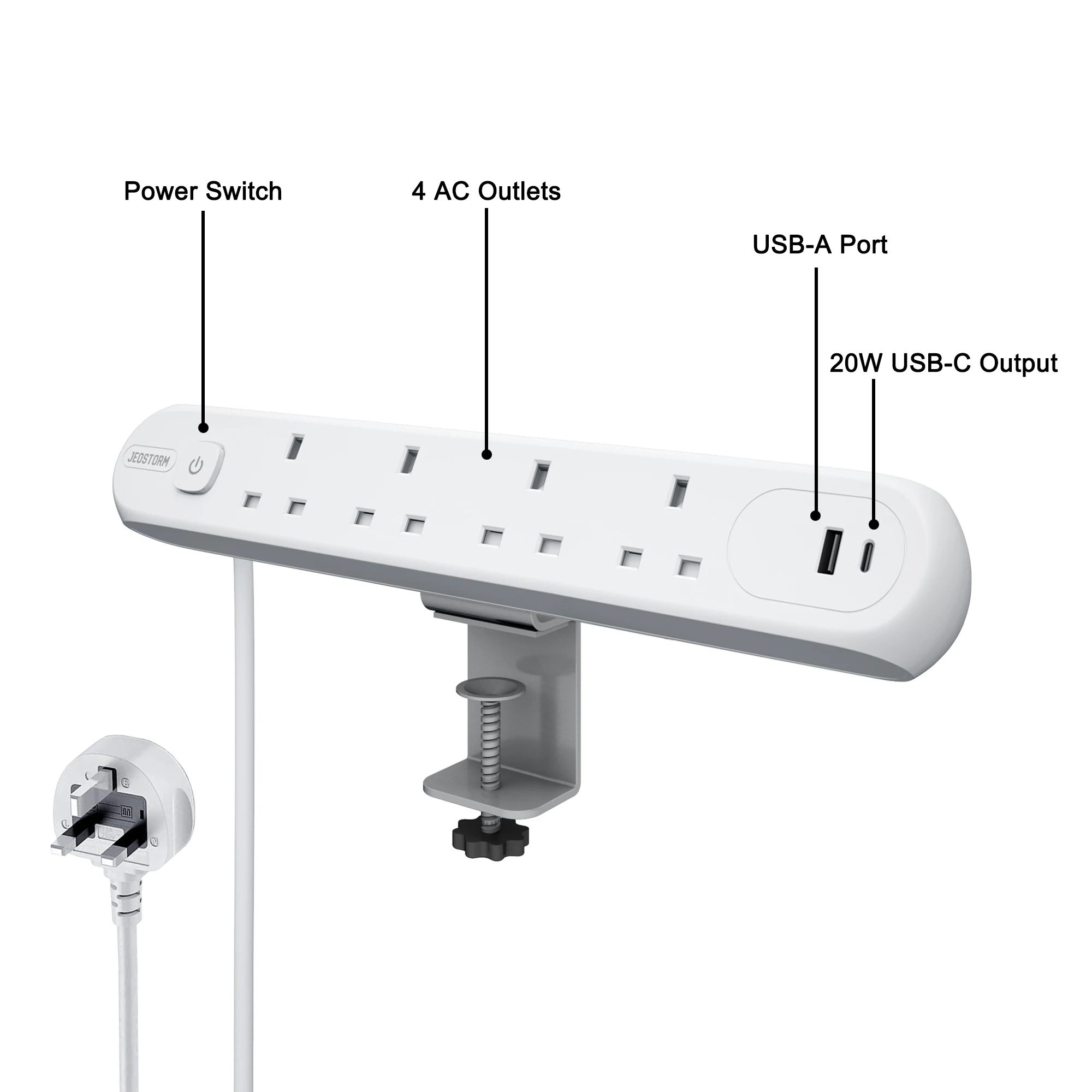 Desktop Clamp/under Desk Electrical Extension Socket Uk Standard 2/3/4 Ac Outlets Surge ...