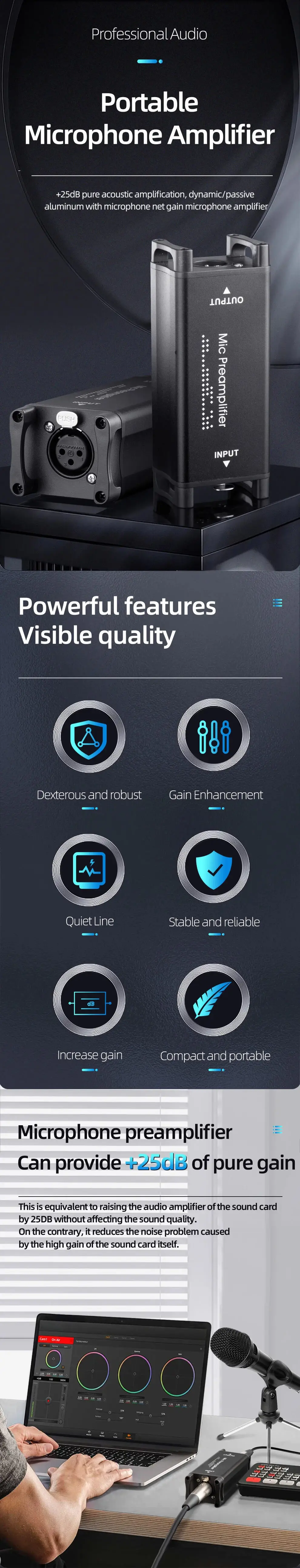 Mini Mic Preamp 25dB Microphone Preamplifier Portable Audio Pre ...