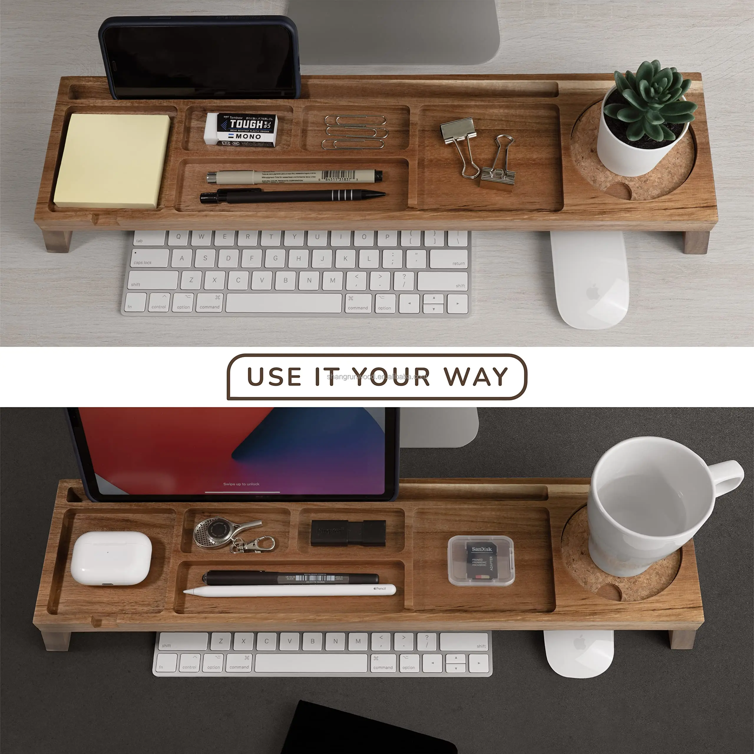 Natural Wood Desk Organizer - Minimalist & Multi-compartment