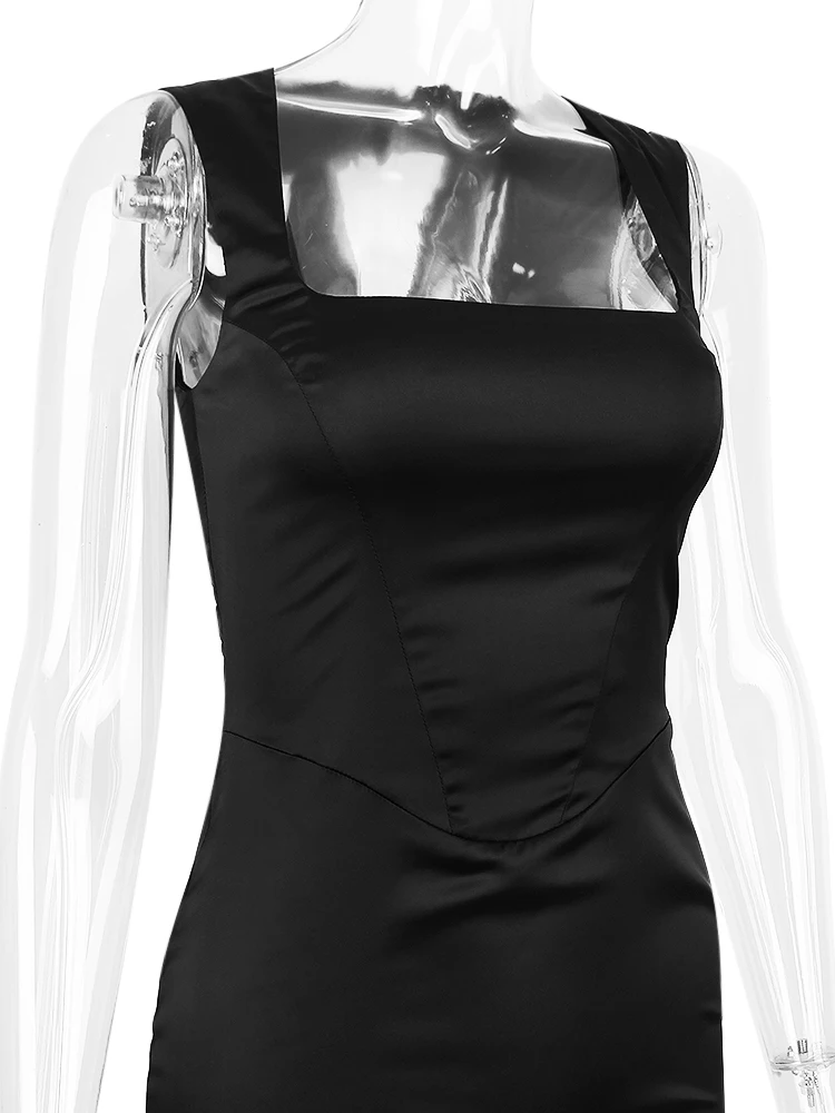 Fashion Double Layered Satin Bodycon Dresses Women Clothes Square Neck