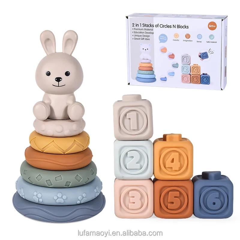 New 6pcs/set Baby Soft Silicone Stacking Tower Blocks Ring Stacker Baby ...