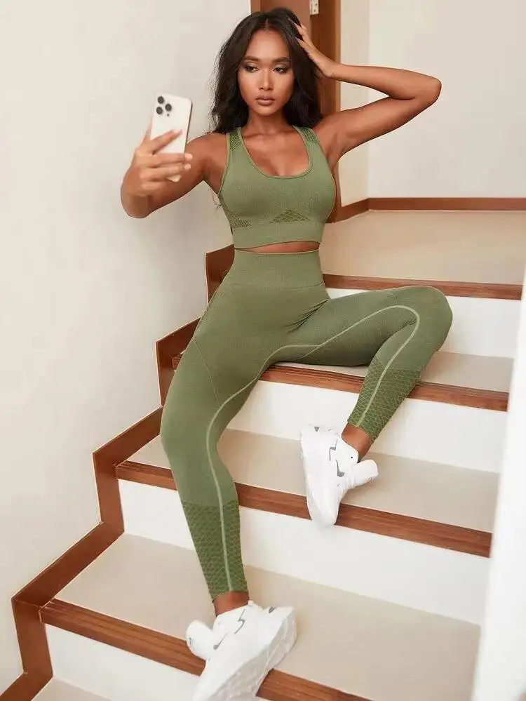 New 2 Pieces Seamless Women Yoga Set Workout Sportswear Gym Clothing Fitness Bra Crop Top High ...